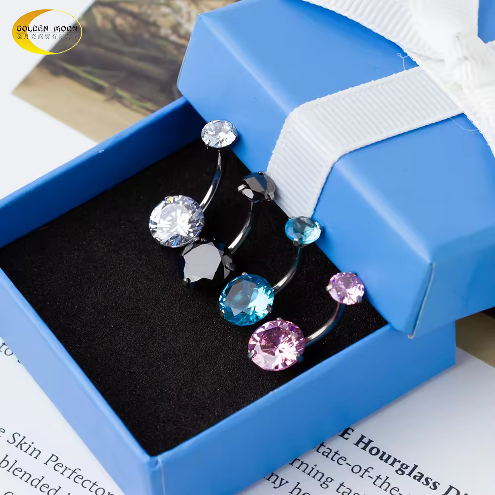 14G Double Zircon Titanium Belly Rings - Golden Moon