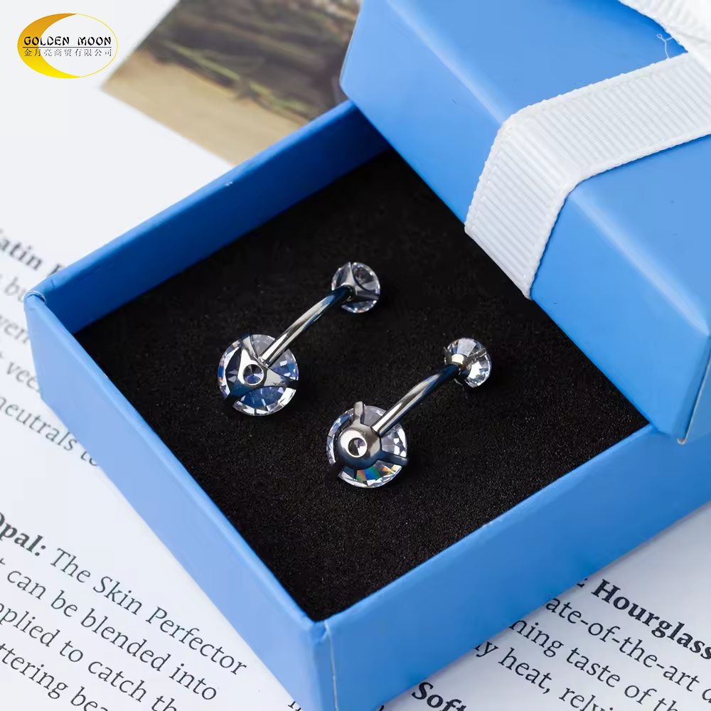 14G Double Zircon Titanium Belly Rings - Golden Moon